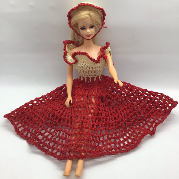 Toys | Vintage Handmade Knit Crochet Barbie Doll Red Southern Belle ...